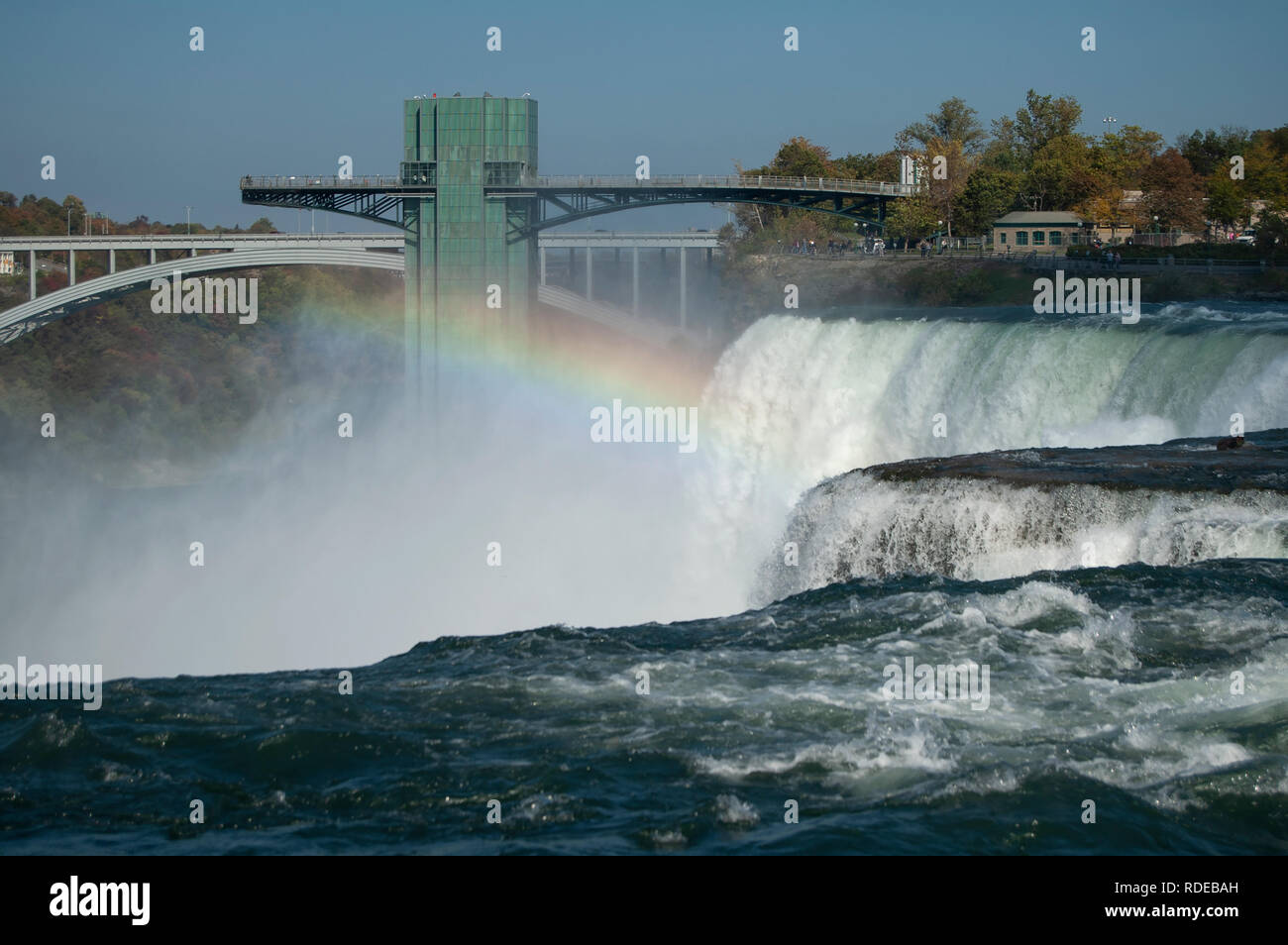 A rainbow over Niagara Falls with the Niagara Falls Observation Tower ...