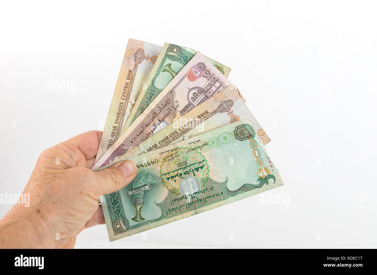 Close up different Dirhams currency note and coins, United Arab ...