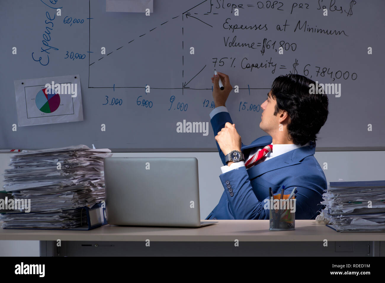 Young elegant financial specialist working in the office night time ...