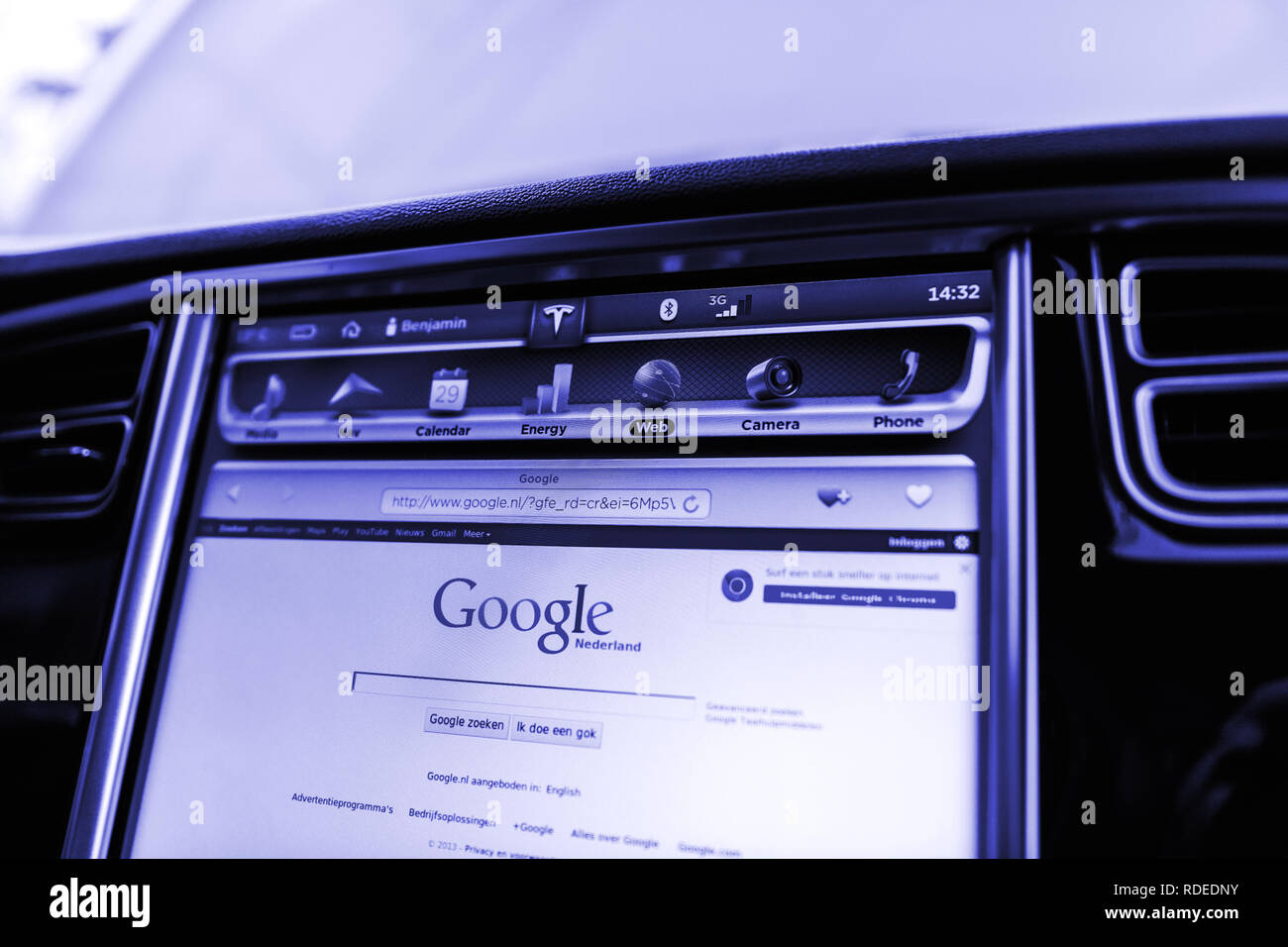 PARIS, FRANCE - NOV 29, 2014: New Tesla Model S dashboard computer ...