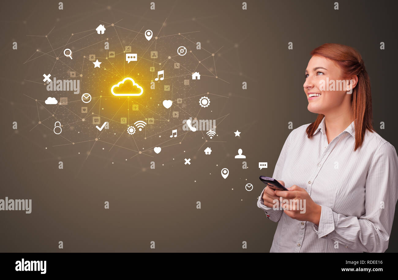 Young person using phone with cloud technology and online communication ...