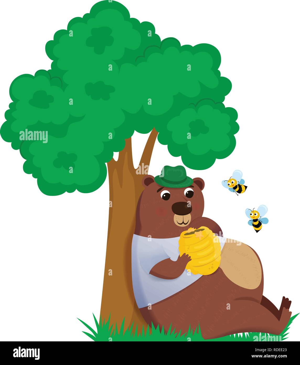 bear under the tree with bee hive and eats honey Stock Vector Image ...