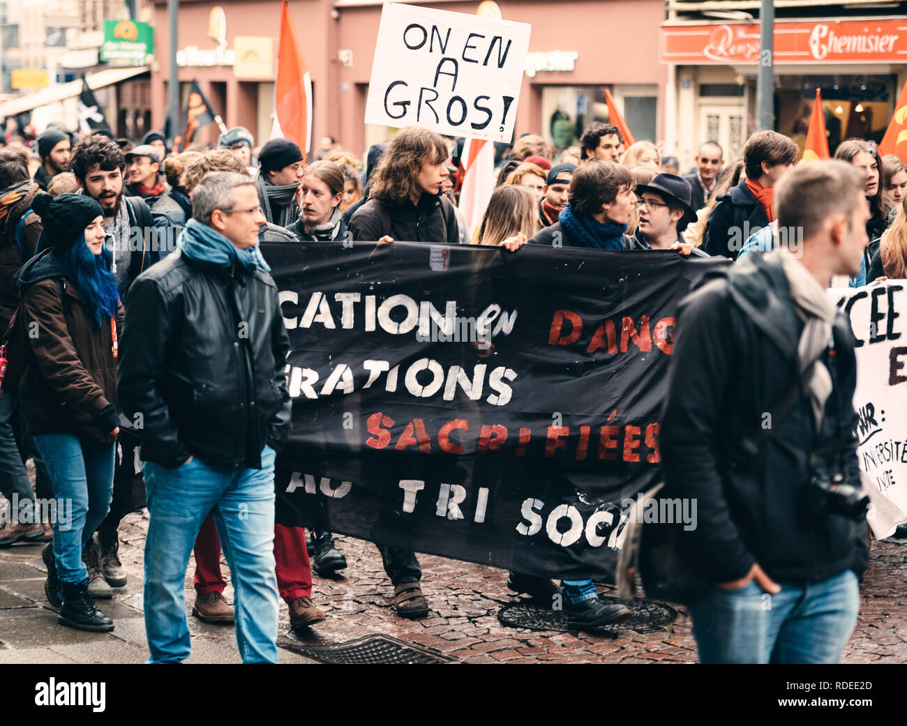 STRASBOURG, FRANCE - MAR 22, 2018: People with placards at ...