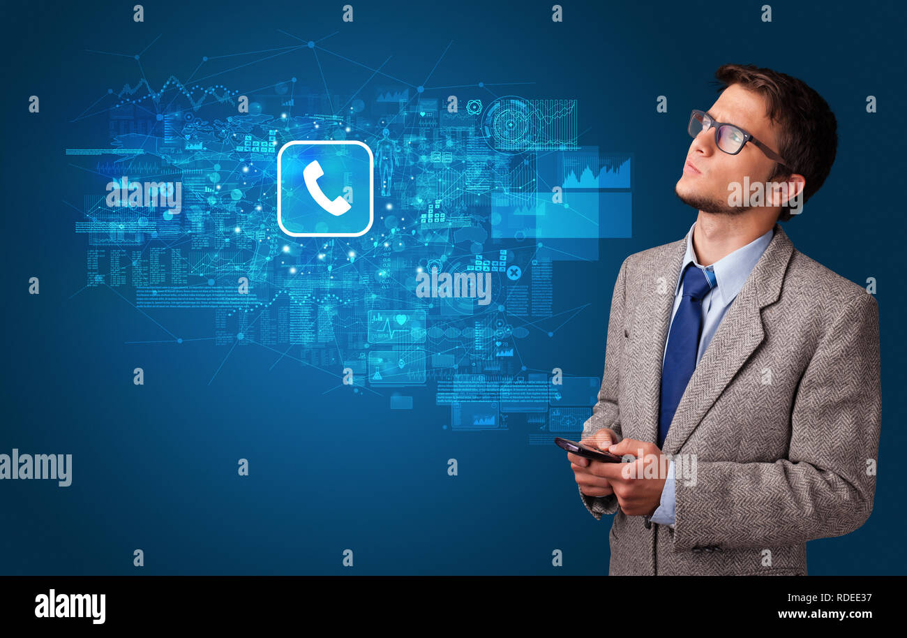 Young person using phone with mail and online communication concept ...