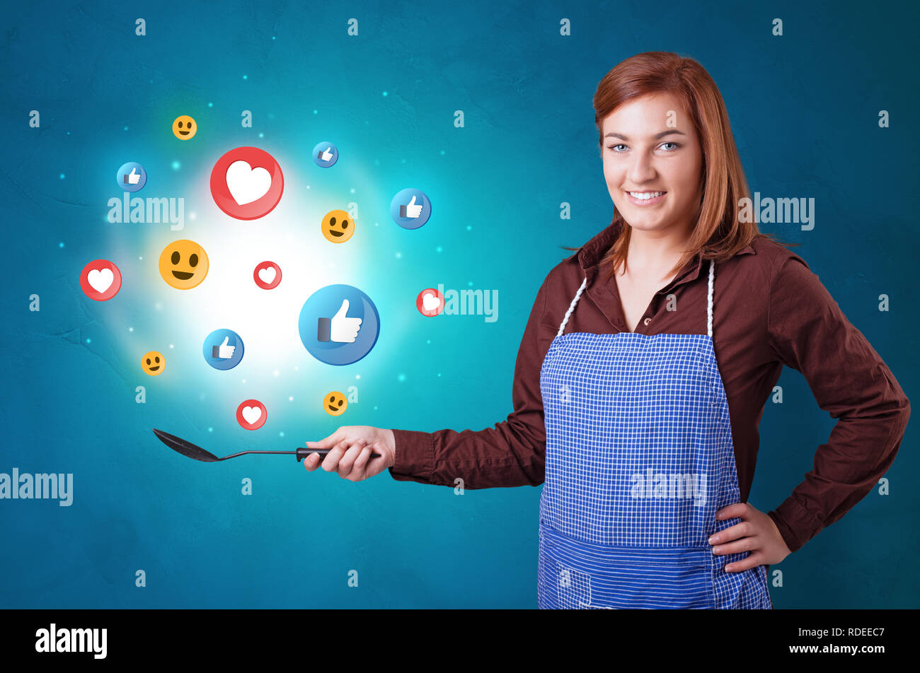 Young happy person cooking social media concept in wok Stock Photo - Alamy