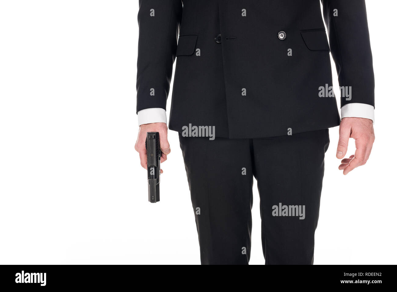 cropped view of secret agent in black suit holding gun, isolated on ...