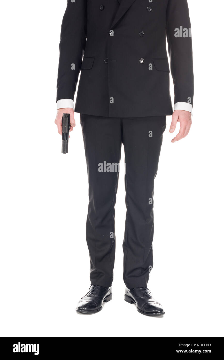 cropped view of killer in black suit holding handgun, isolated on white ...