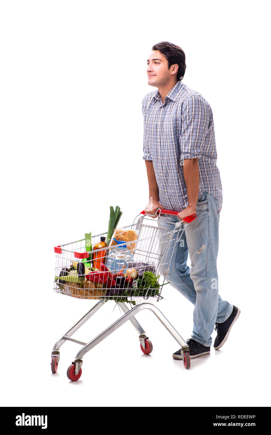 Young man with supermarket cart trolley on white Stock Photo - Alamy
