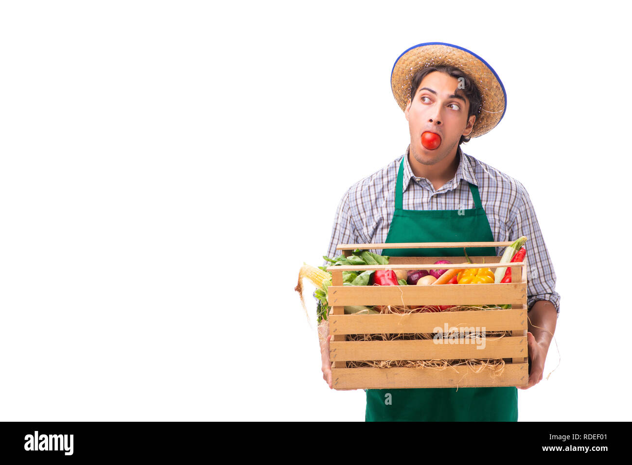 Young farmer with fresh produce isolated on white background Stock ...