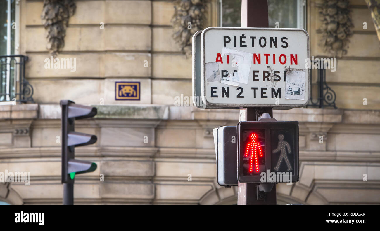 Paris, France - October 7, 2017: on a tricolor traffic light, a sign ...