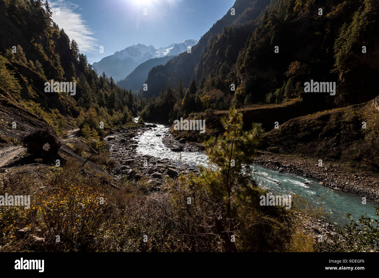 Marsyangdi river valley in Himalayas, Nepal, Annapurna conservation ...