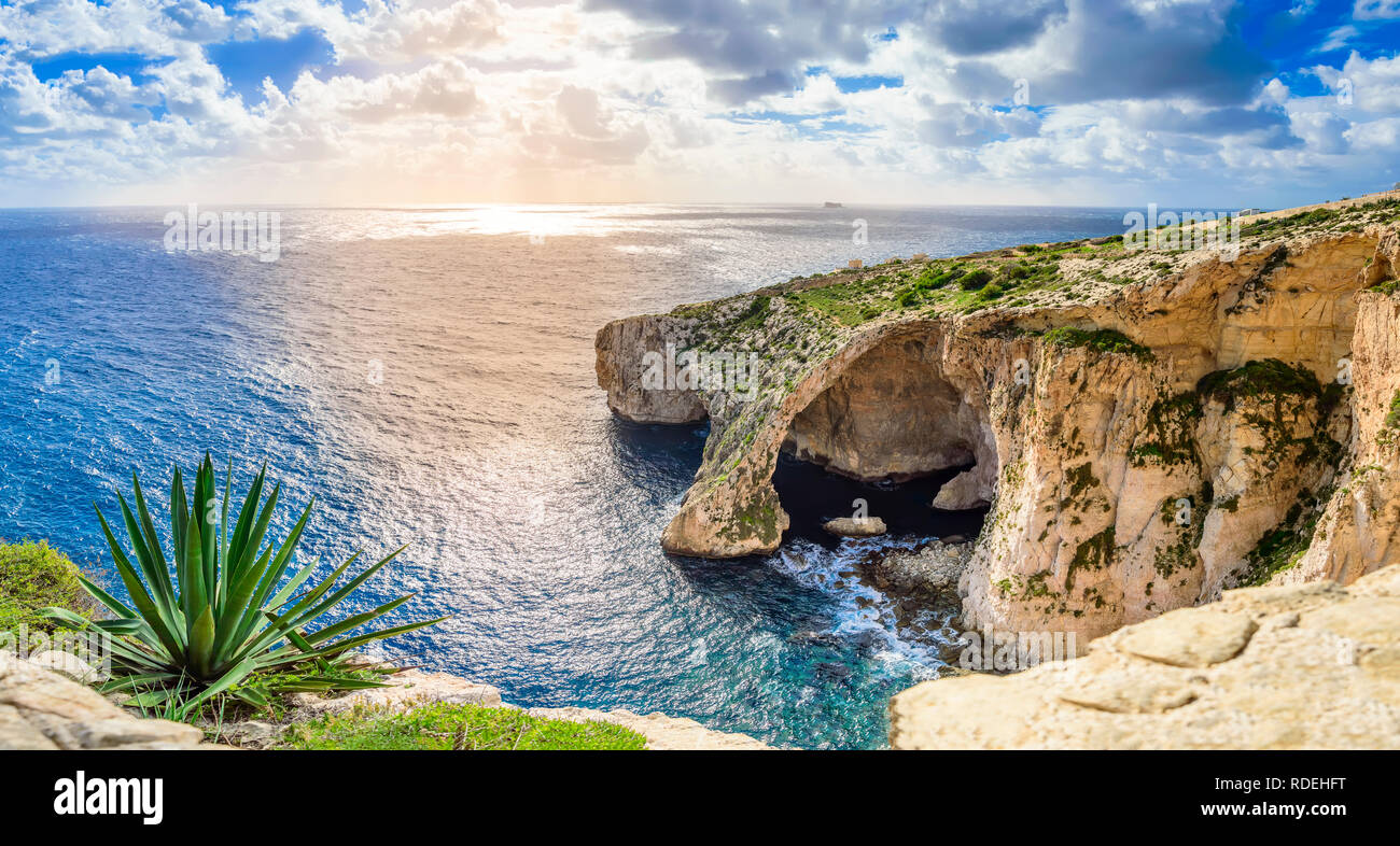 Blue Grotto, Malta. Natural stone arch and sea caves and agave plant in ...