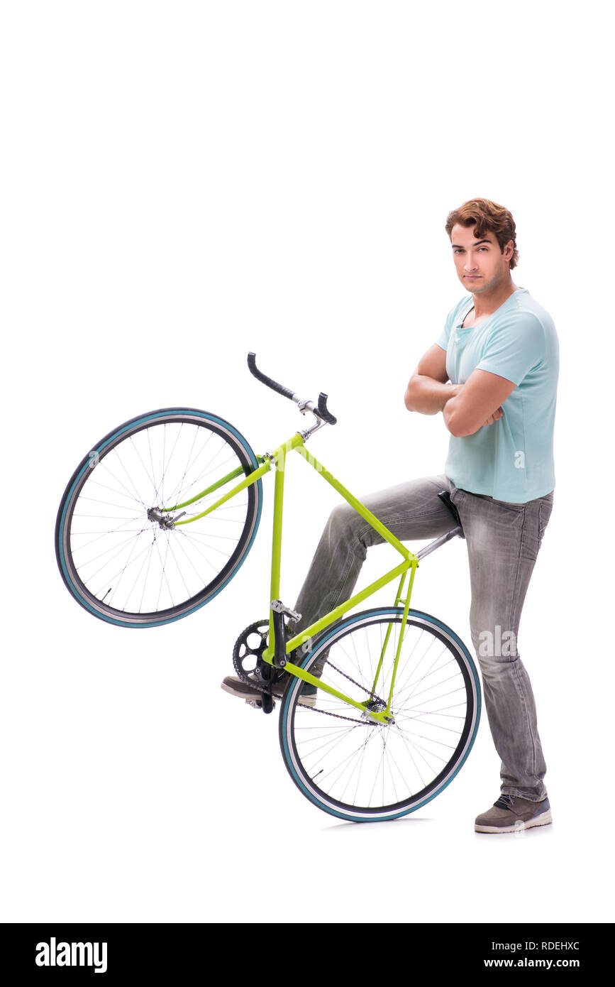 Young man with cycle isolated on white Stock Photo - Alamy