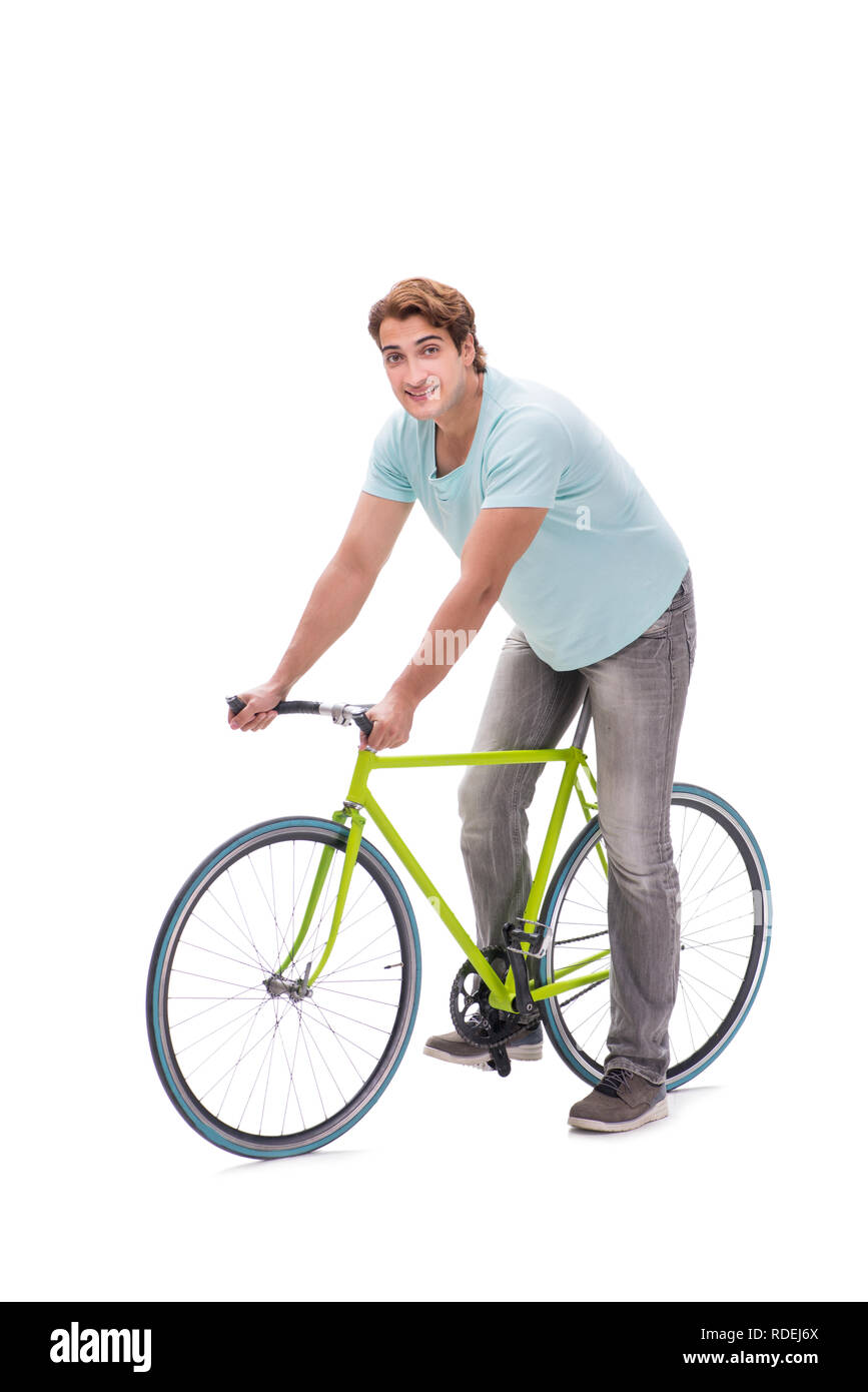 Young man with cycle isolated on white Stock Photo - Alamy