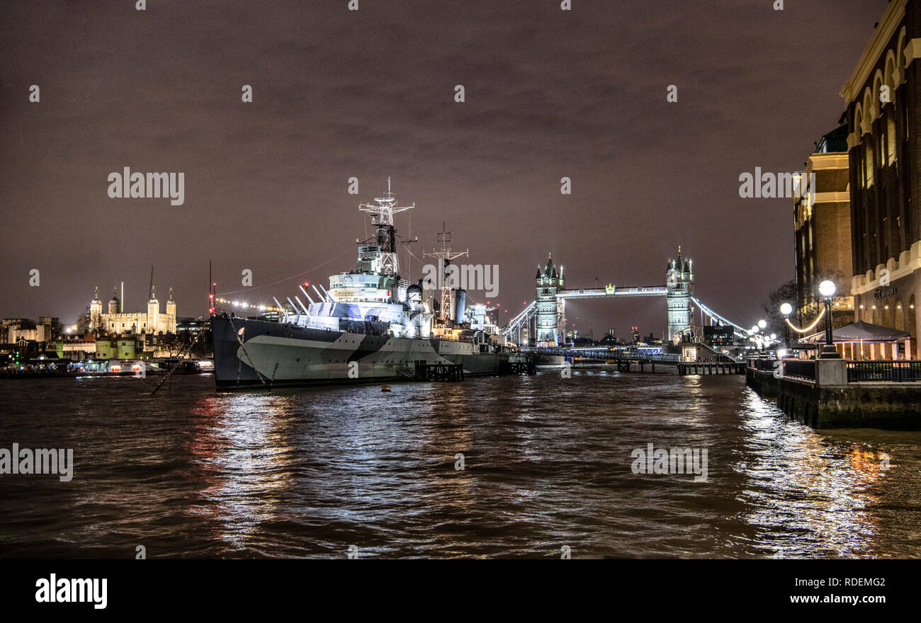 HMS Belfast on the Thames in London at night,HMS Belfast is a Town ...