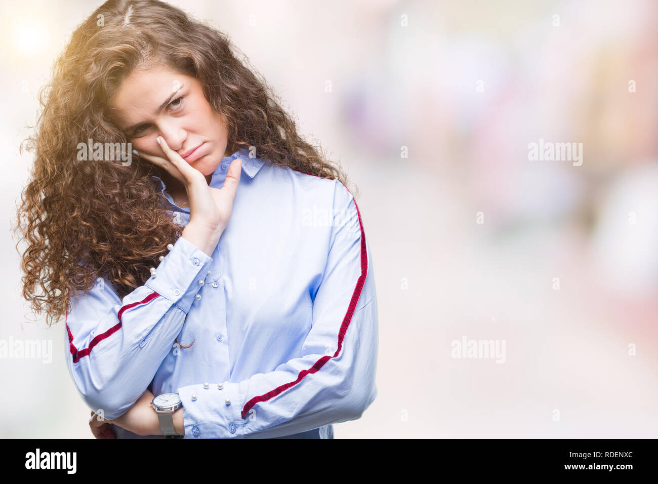 Beautiful brunette curly hair young girl wearing elgant look over ...