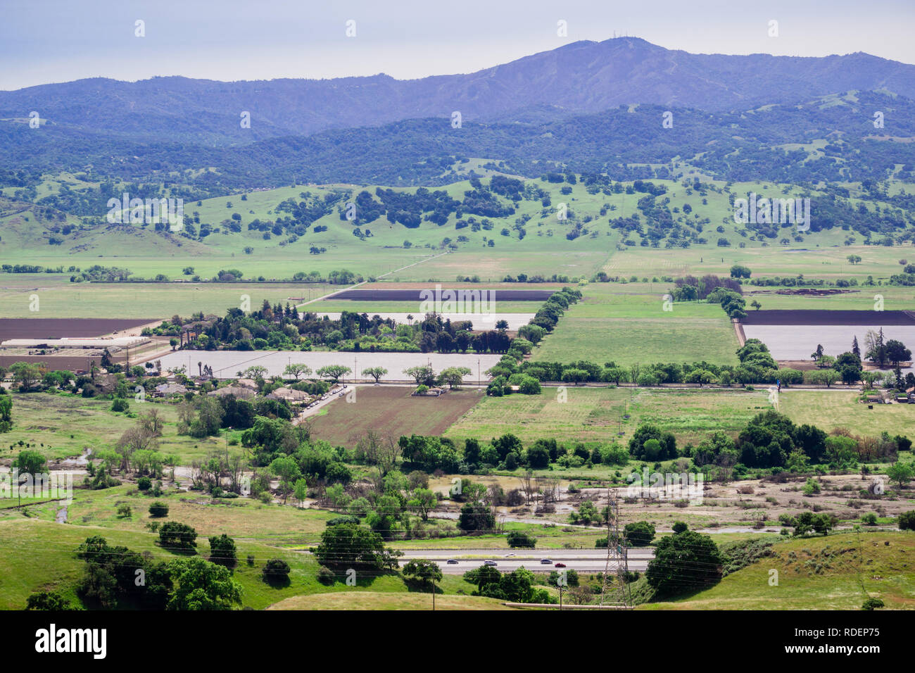 Aerial view of agricultural fields, Santa Cruz mountain in the ...