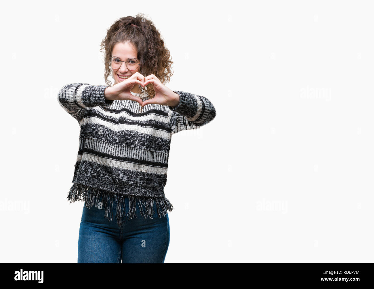 Beautiful Brunette Curly Hair Young Girl Wearing Glasses Over Isolated