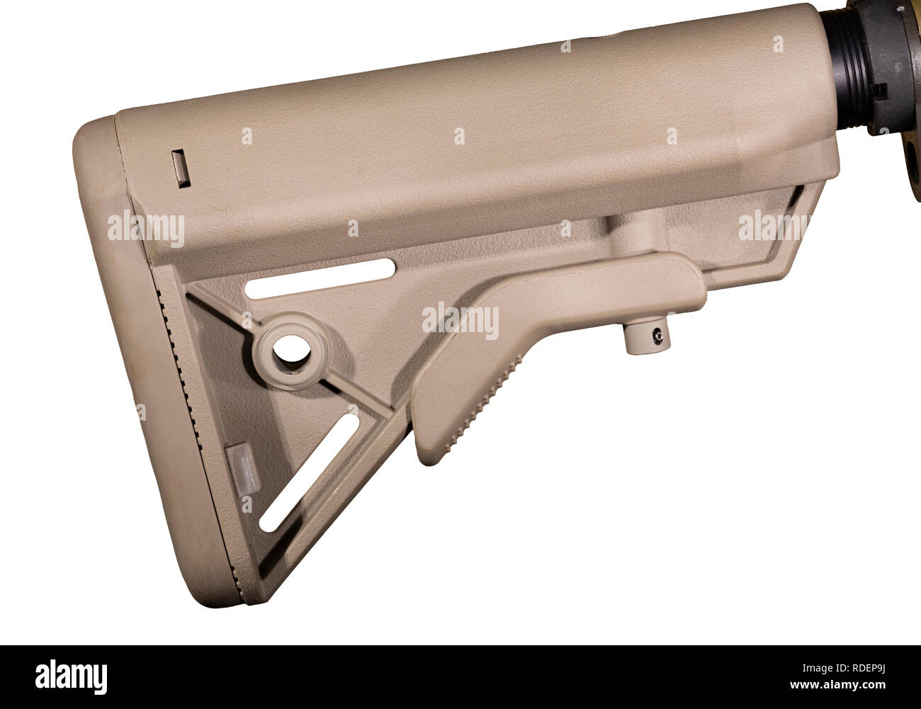 Adjustable tan stock for an assault rifle isolated on a white ...