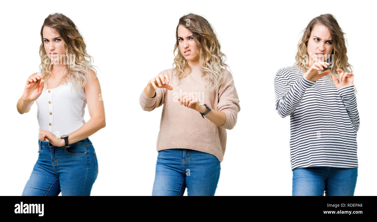 Collage of young beautiful blonde girl over isolated background ...