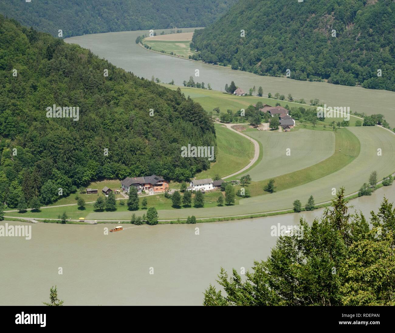 The Danube River near Schlogen, Austria. The Danube Cycle Path can be ...