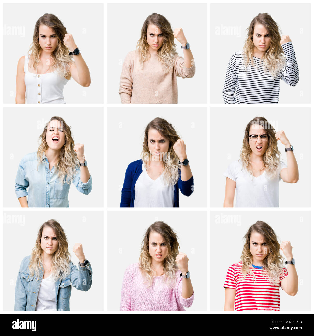 Collage of young beautiful blonde girl over isolated background angry ...