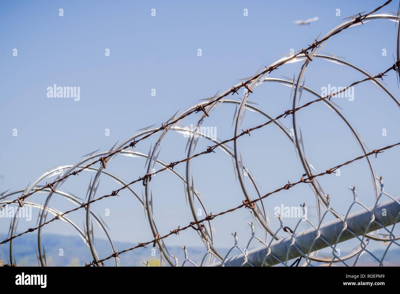 Razor barbed wire security fence, California Stock Photo - Alamy