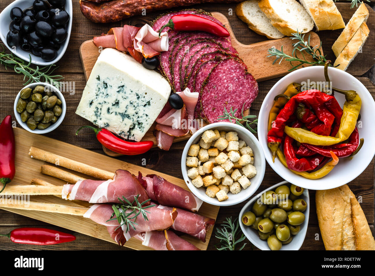 Table with food, tapas bar from spain, cold meat and platter with ...