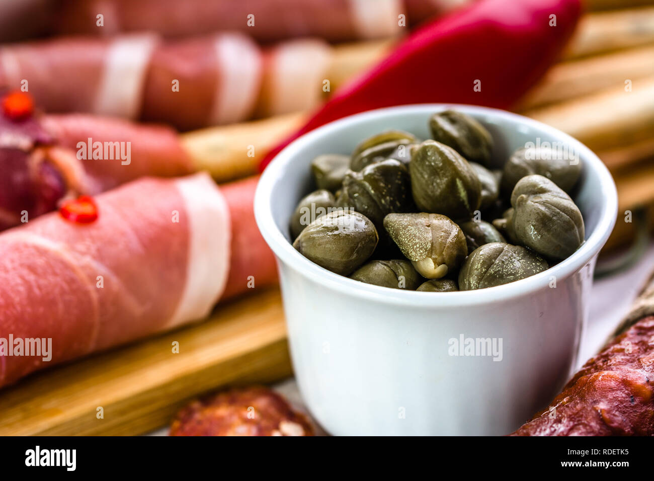Bowl of capers, italian antipasti, traditional food from italy or ...