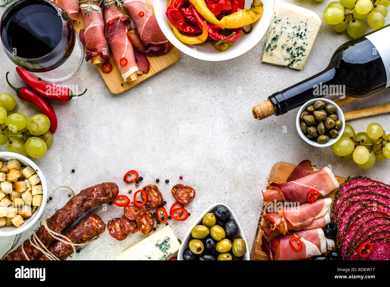 Traditional spanish tapas selection, food border with variety appetizer ...