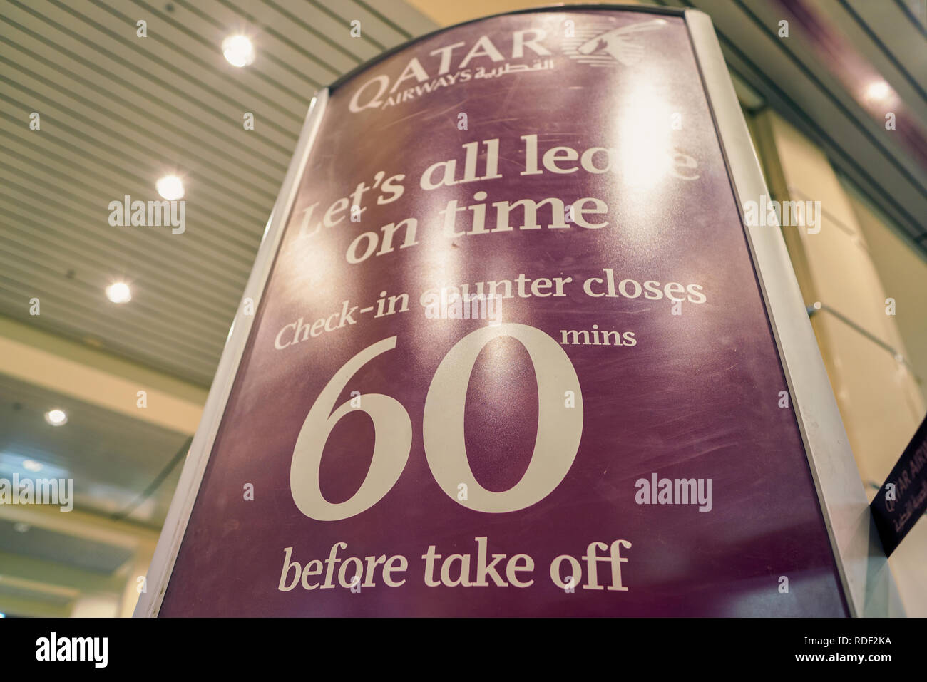 MOSCOW, RUSSIA - CIRCA MAY, 2017: Qatar check-in area at Domodedovo ...