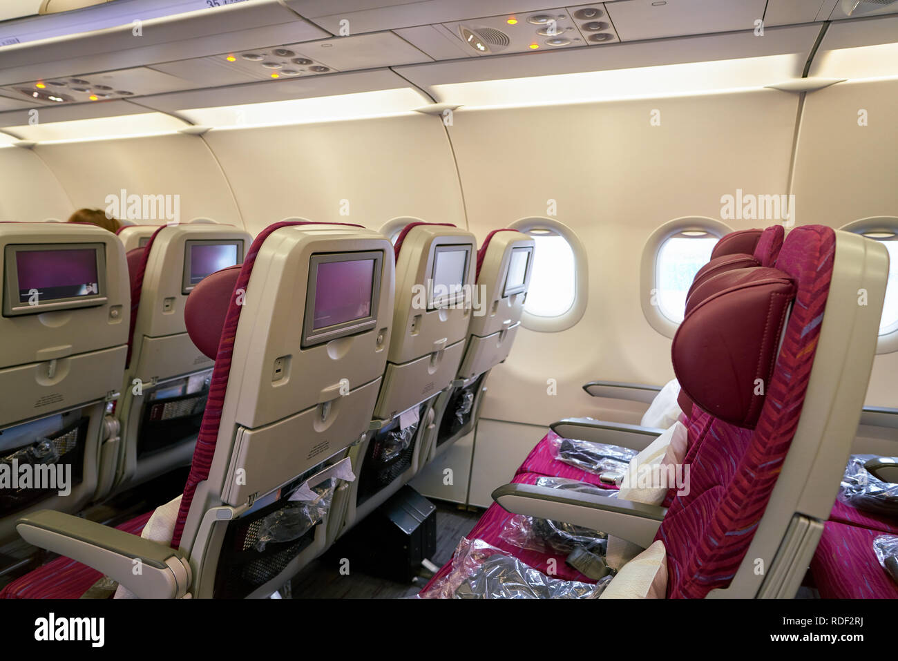 MOSCOW, RUSSIA - CIRCA MAY, 2017: inside Qatar Airways Airbus A321 ...