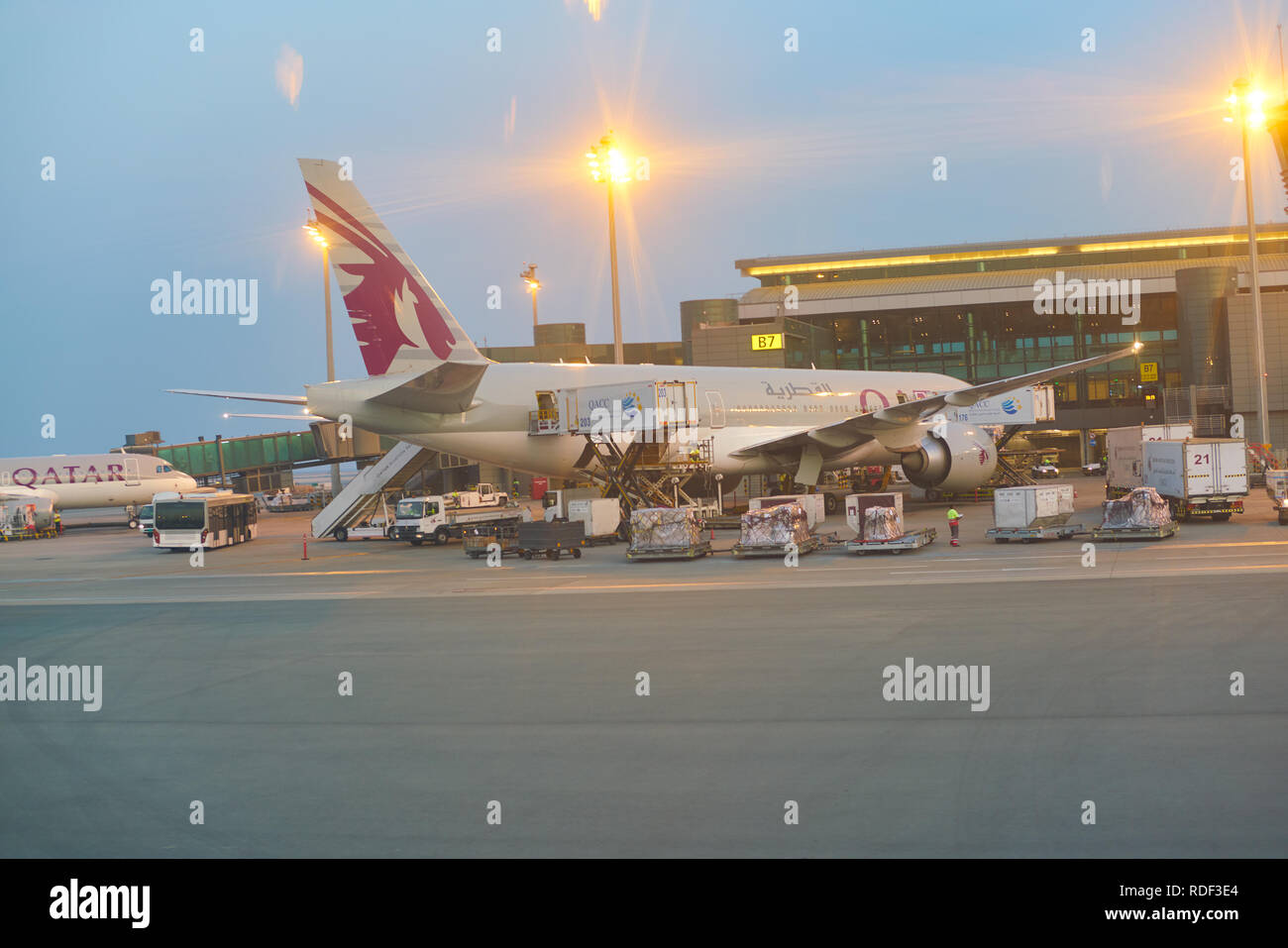 DOHA, QATAR - CIRCA MAY, 2017: Qatar Airways aircraft on tarmac. Qatar ...