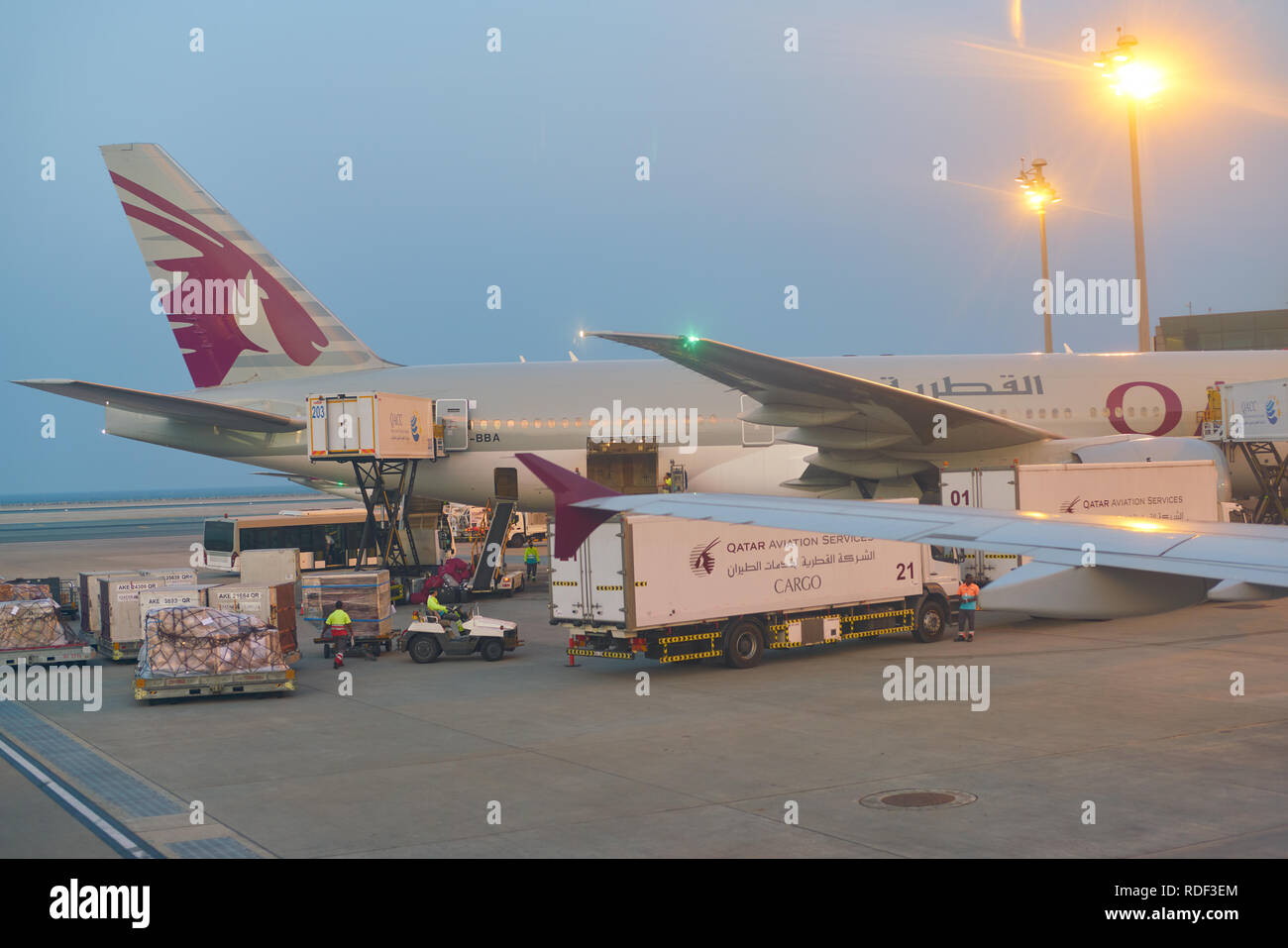 DOHA, QATAR - CIRCA MAY, 2017: Qatar Airways aircraft on tarmac. Qatar ...