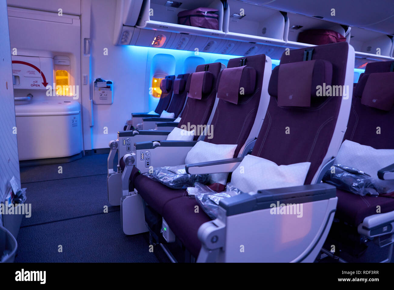 DOHA, QATAR - CIRCA MAY, 2017: inside Qatar Airways Boeing 777. Qatar ...
