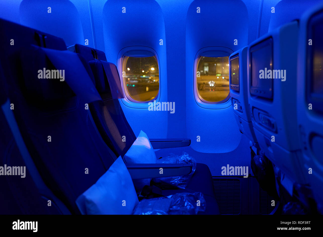 DOHA, QATAR - CIRCA MAY, 2017: inside Qatar Airways Boeing 777. Qatar ...