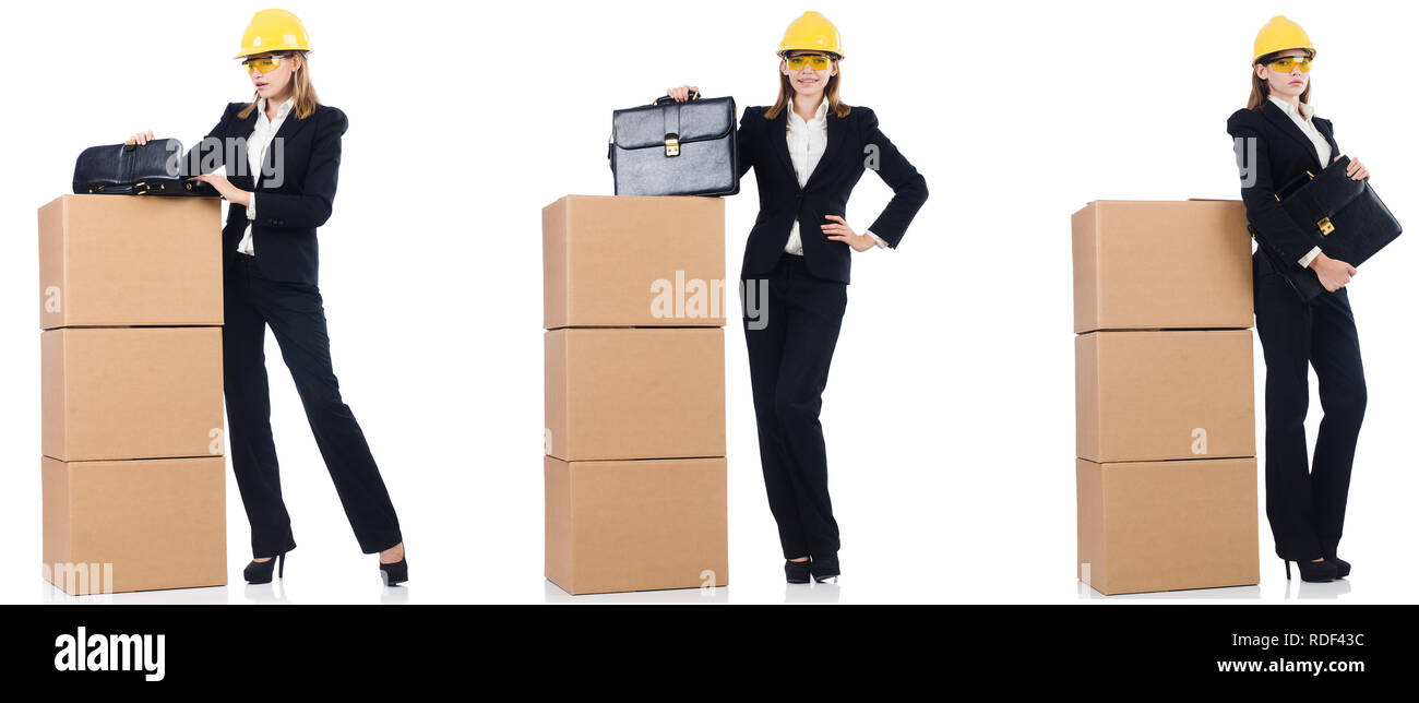 Woman builder with box isolated on white Stock Photo - Alamy