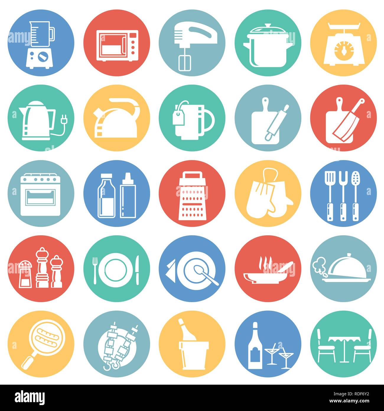 Kitchen icons set on color circles white background for graphic and web ...