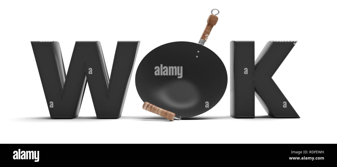 Chinese Asian cuisine. Text wok and empty flying wok with wooden ...