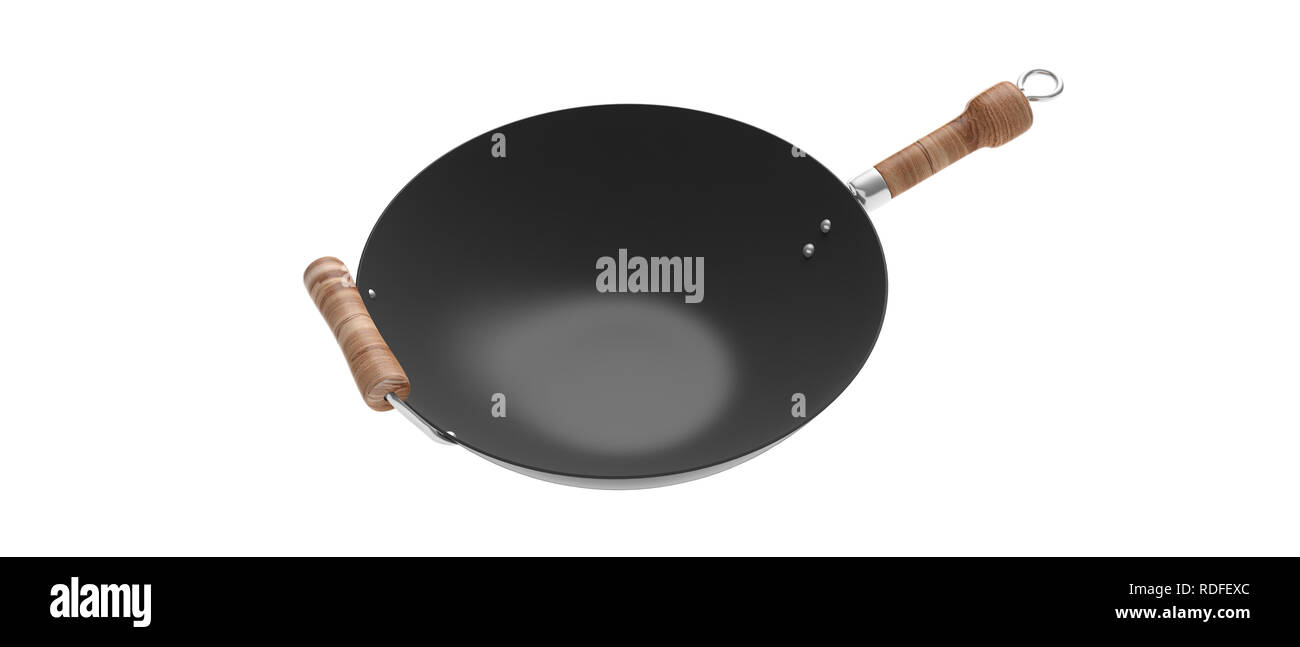 Chinese Asian cuisine. Empty wok with wooden handles isolated cut out ...