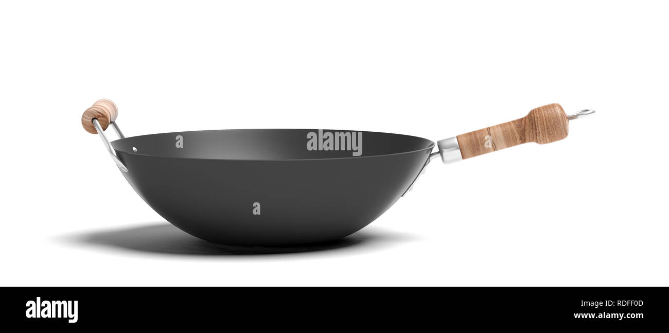 Chinese Asian cuisine. Empty wok with wooden handles isolated on white ...