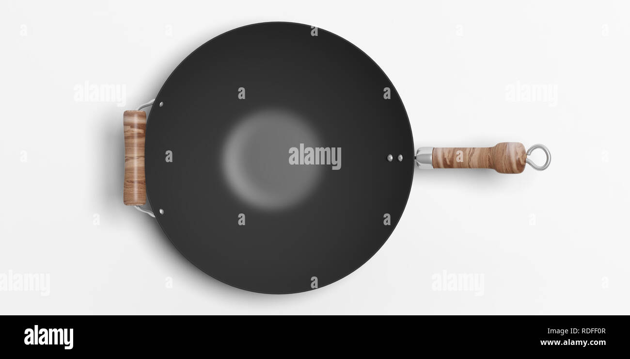 Chinese Asian cuisine. Empty wok with wooden handles isolated on white ...