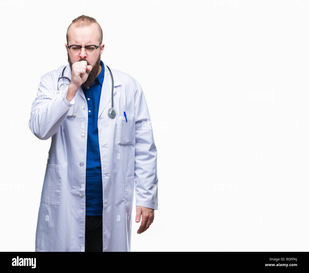 Young caucasian doctor man wearing medical white coat over isolated ...