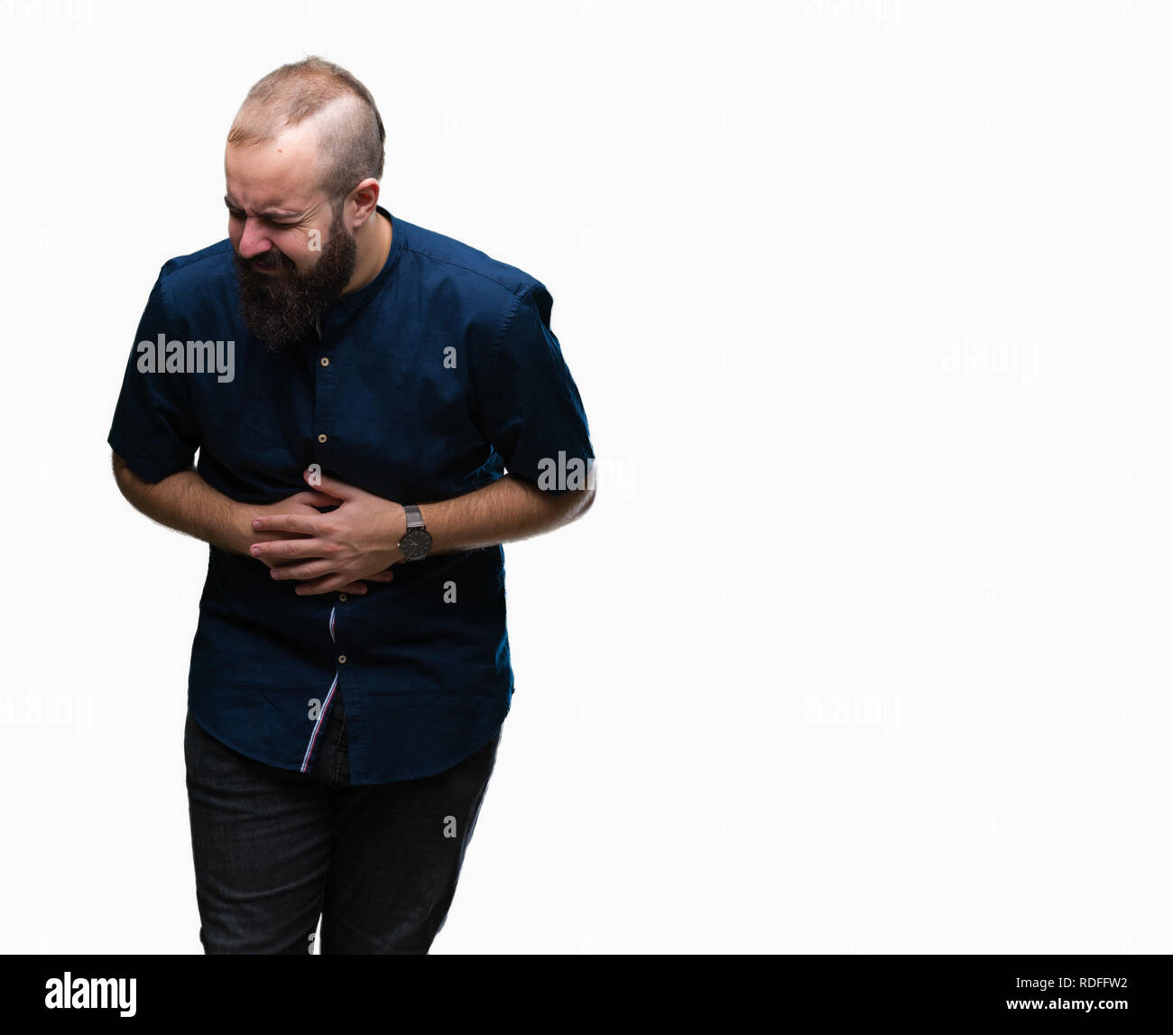 Young caucasian hipster man over isolated background with hand on ...
