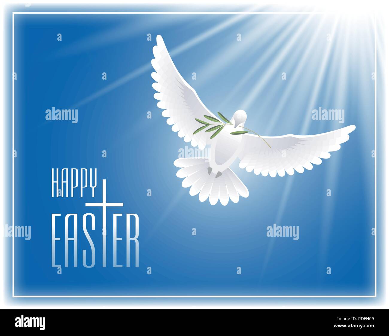 Happy Easter. Greeting card with cross, flying dove and olive branch ...