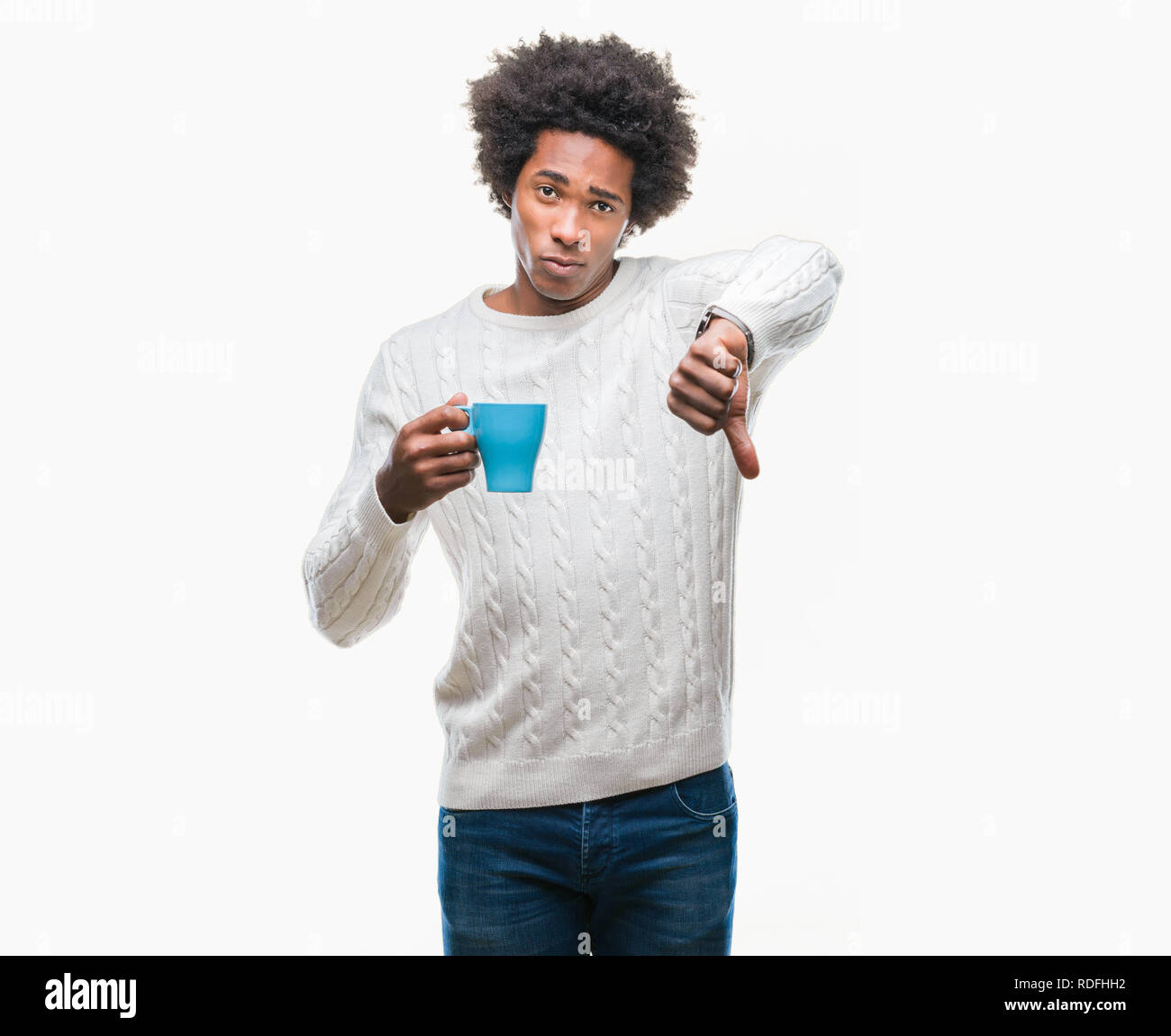 Afro american man drinking cup of coffee over isolated background with ...