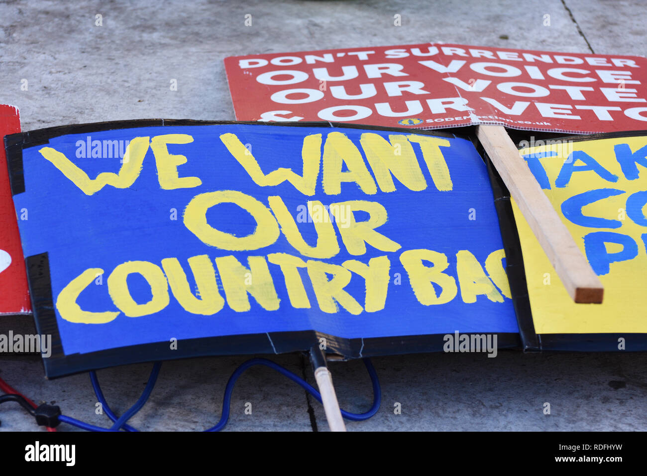 Pro Brexit protest placards waiting to be used by protestors outside ...