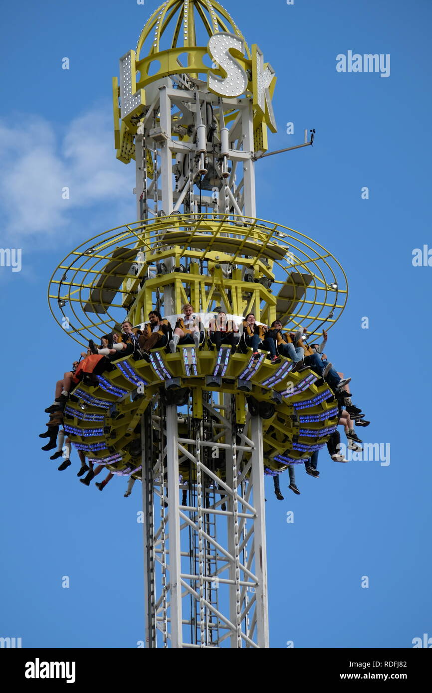 Free Fall Tower Joy Ride at Oktoberfest Stock Photo - Alamy