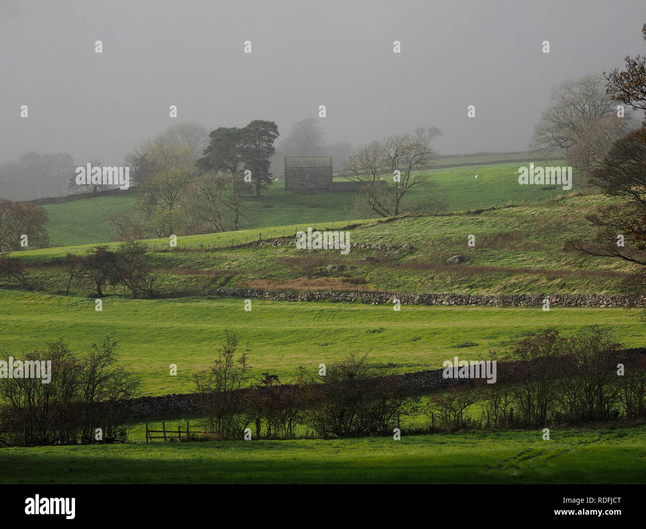 raindrops diffuse the light with Grey skies above old stone barn ...