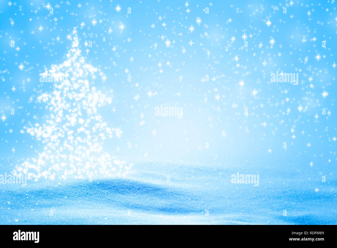 Natural sunny snow drifts background with abstract christmas tree made ...